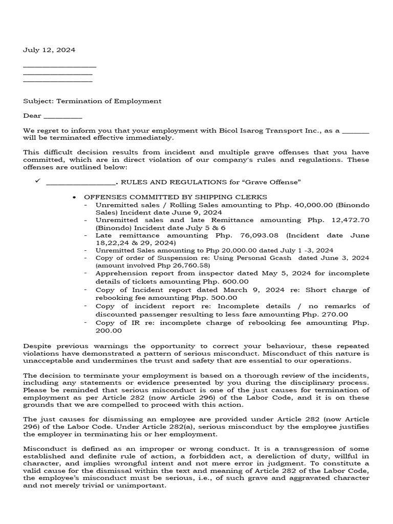 Employee Termination Notice | PDF | Labour Law | Employment