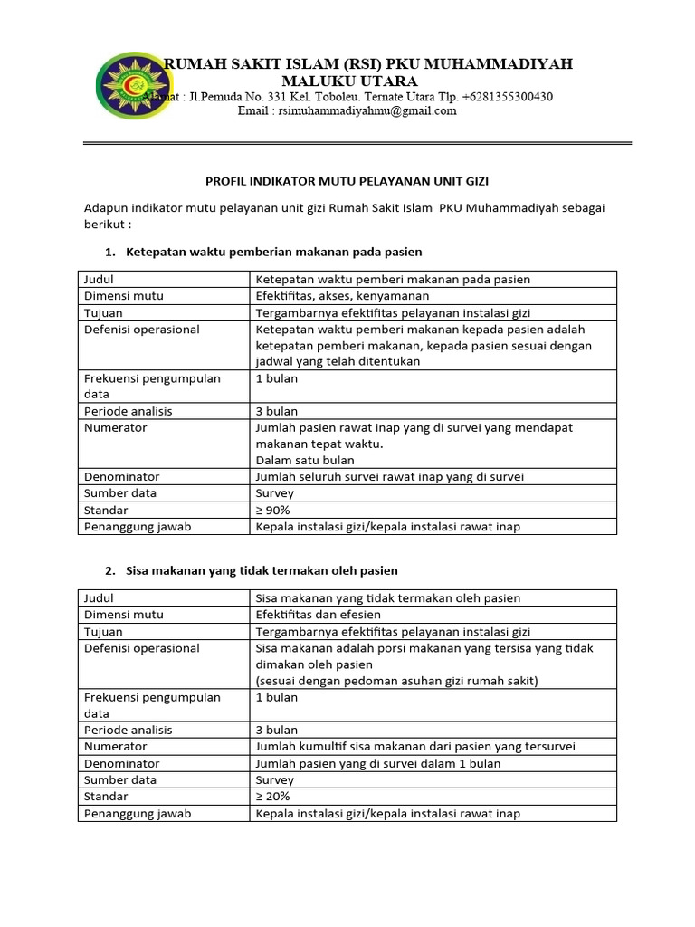 Profil Indikator Mutu Gizi | PDF
