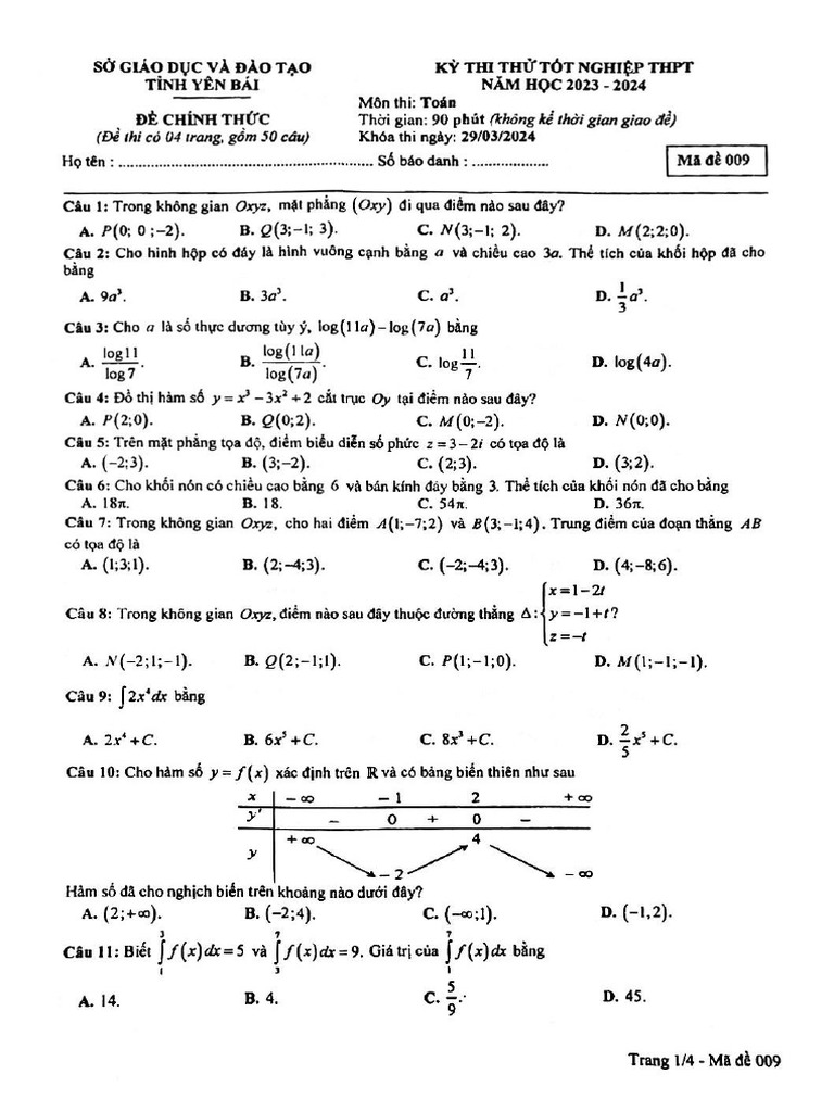 De Thi Thu Tot Nghiep THPT Nam 2024 Mon Toan So GDDT Yen Bai | PDF