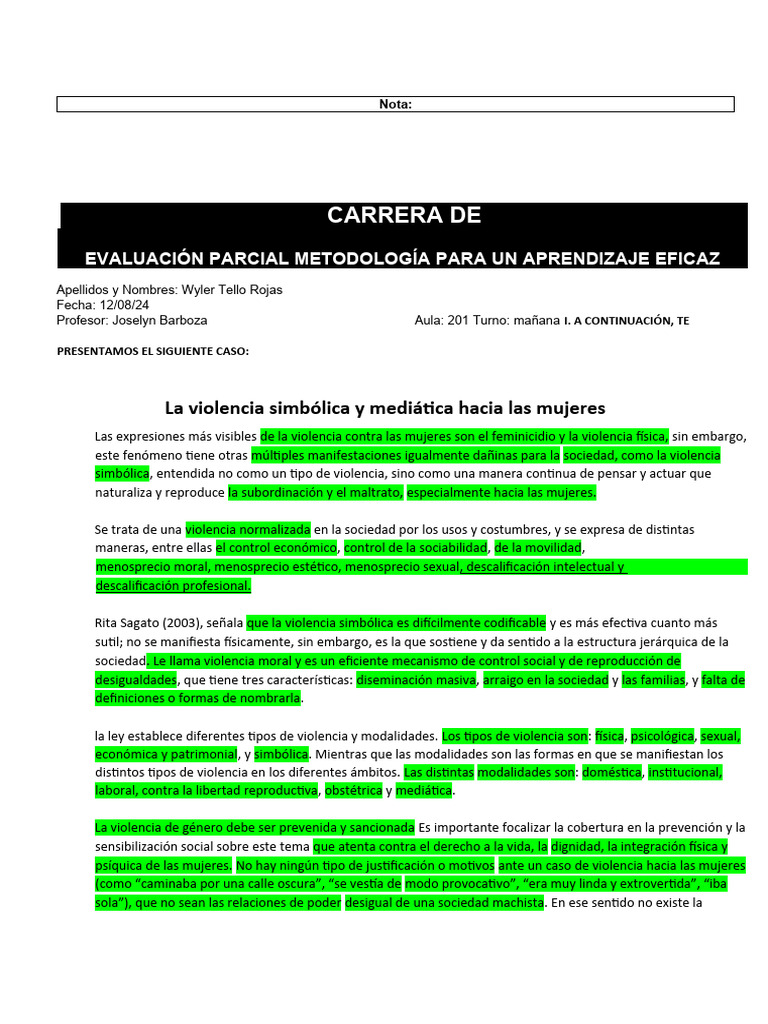 Evaluación Parcial - Wyler Tello Rojas ... | PDF | Violencia | La violencia contra las mujeres
