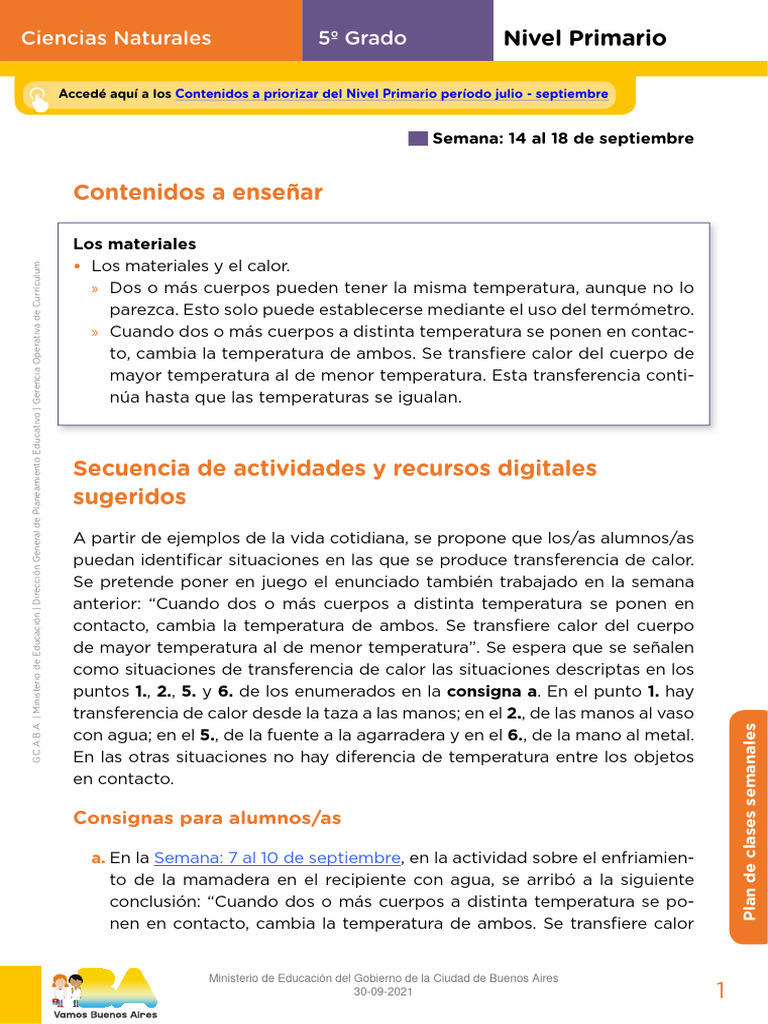 E2a20e Plan Clases Prim Csnat 5 Q2sep | PDF | Calor | Temperatura