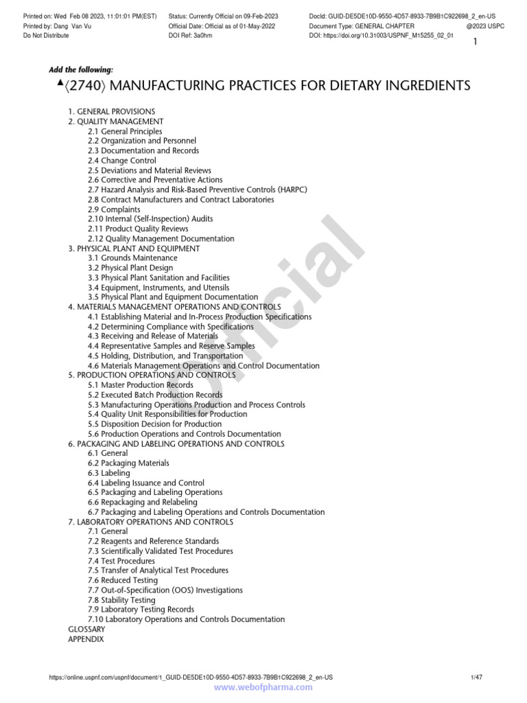 Dietary Ingredients Manufacturing Practices | PDF | Hazards | Hygiene