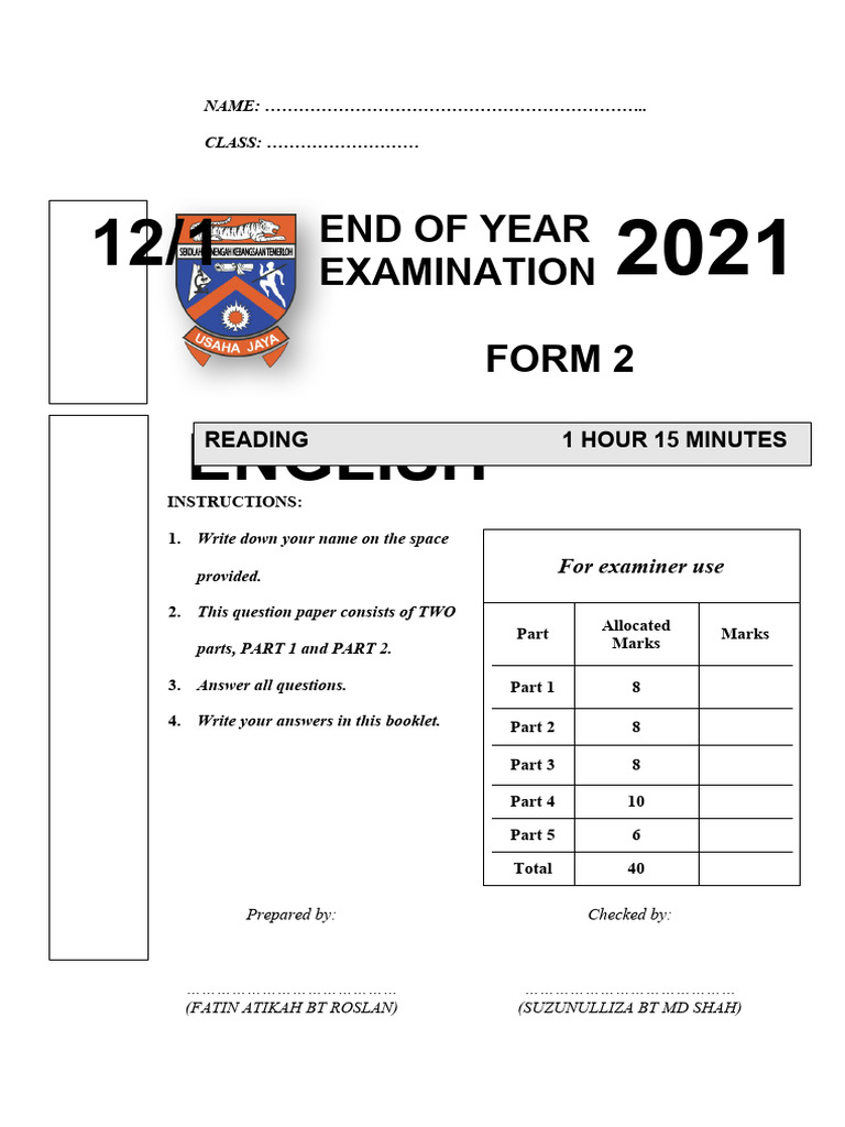 Exam Cover Page Template for Form 2 | PDF