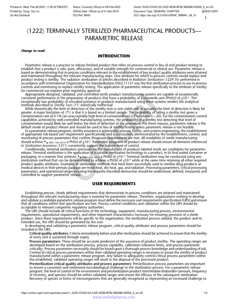 〈1222〉 Terminally Sterilized Pharmaceutical Products-Parametric Release ...