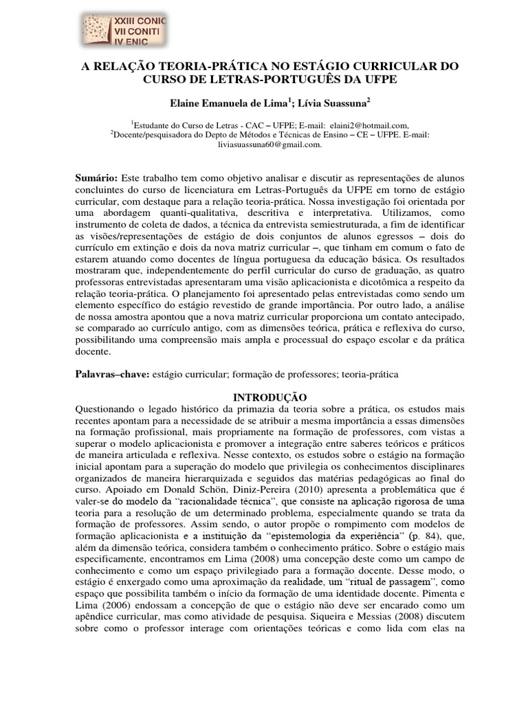 A Relacao Teoria Pratica No Estagio Curricular Do Curso de Letras Portugues Da Ufpe | PDF ...