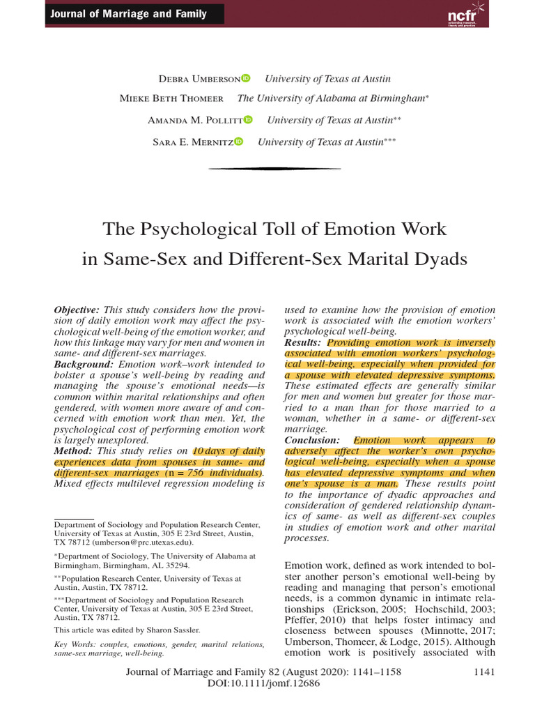 Umberson Et Al 2020 Psychological Toll Of Emotion Work In Same Sex And Different Sex Marital