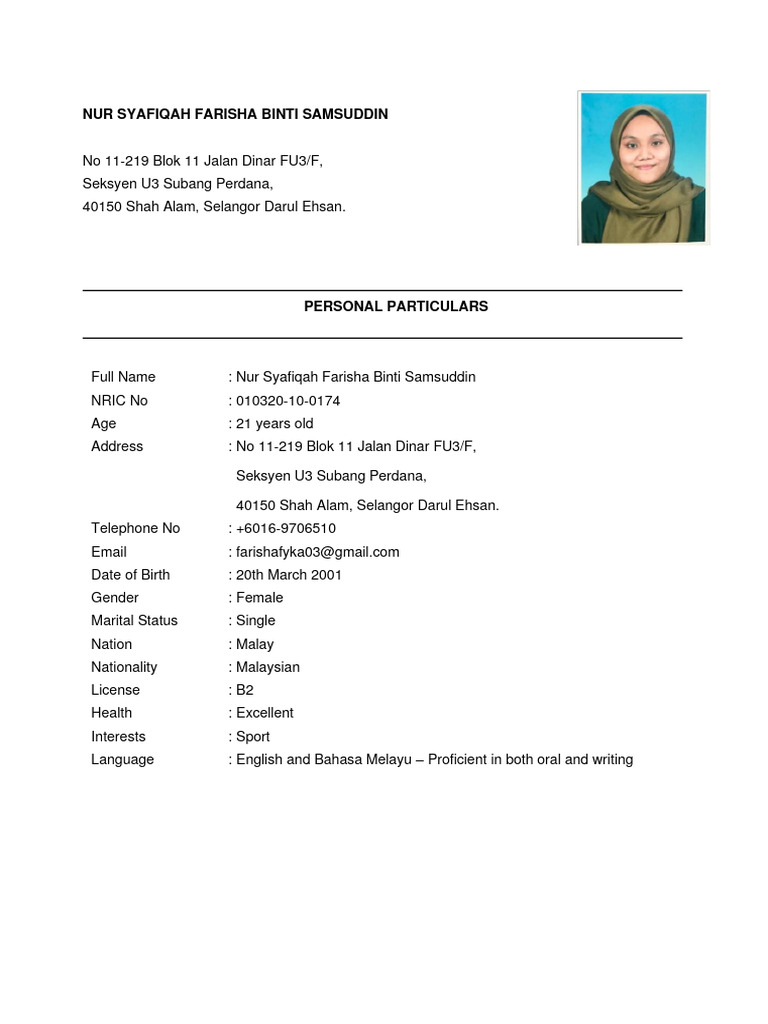 Resume (Nur Syafiqah Farisha) | PDF