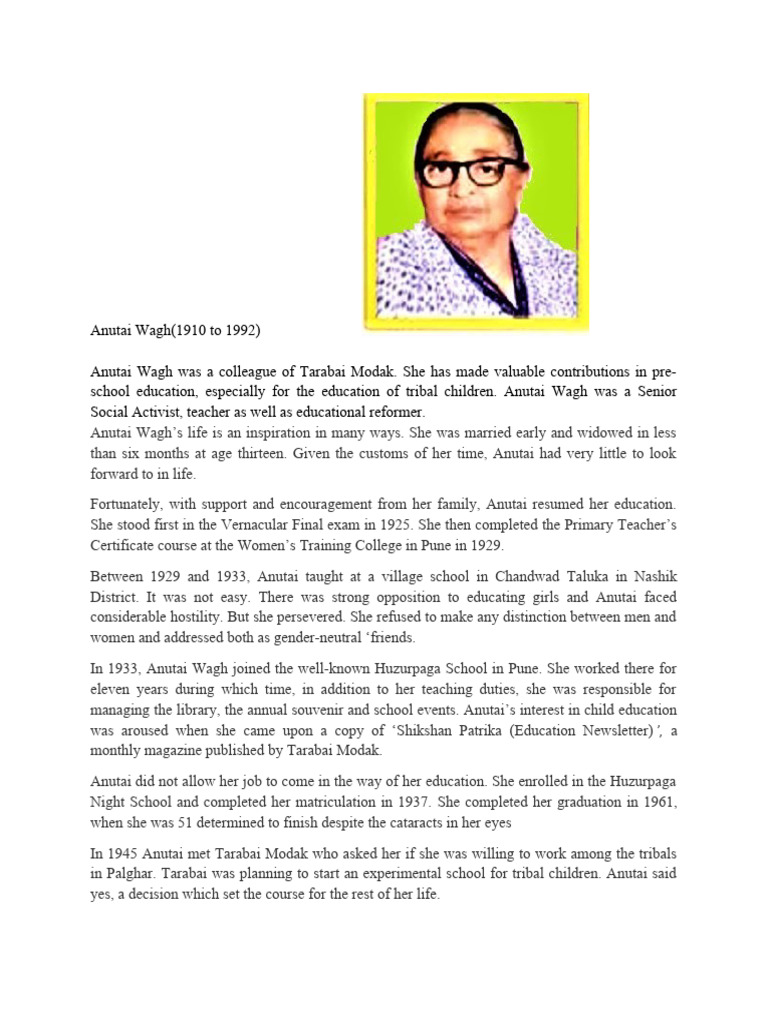 Anutai Wagh (1910 To 1992) Final | PDF | Experiment | Early Childhood Education