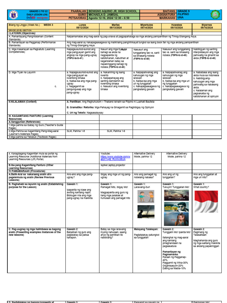 Dll-Filipino 9 Qtr1 Week 3 | PDF