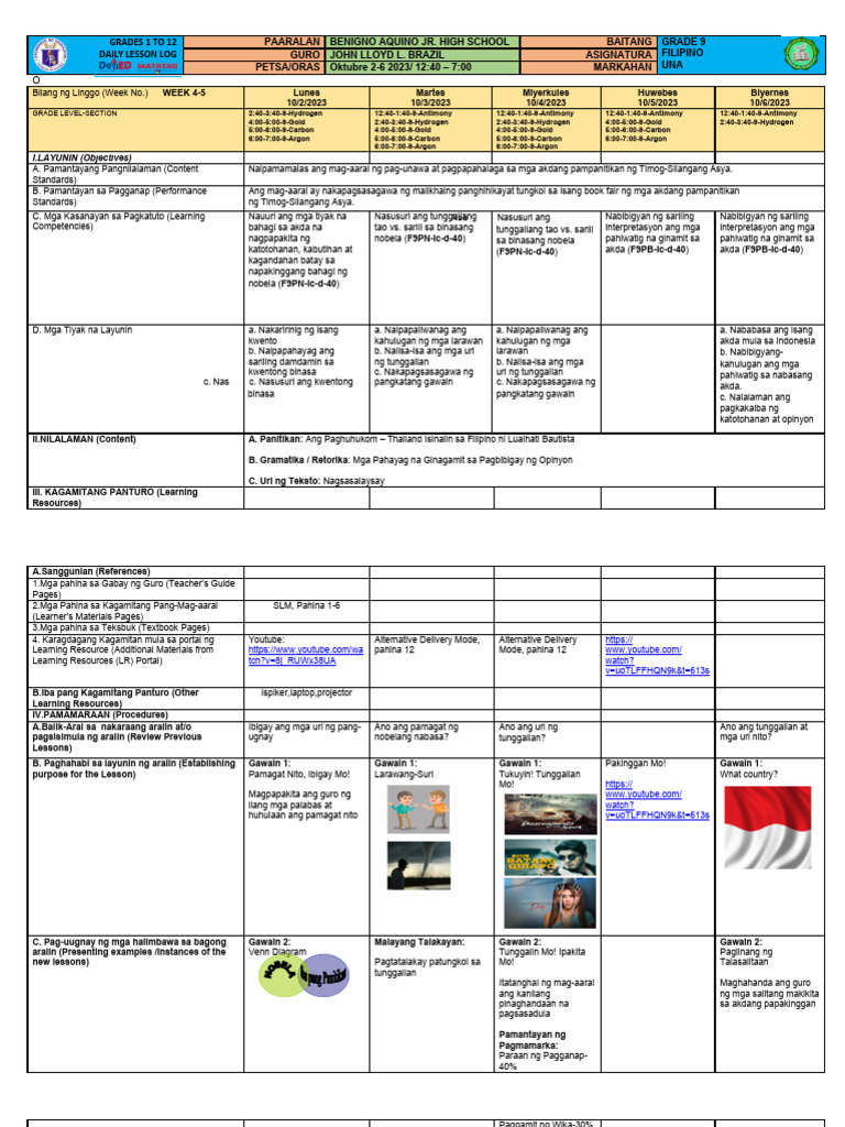 DLL-FILIPINO 9 - QTR1 - Week 4 | PDF