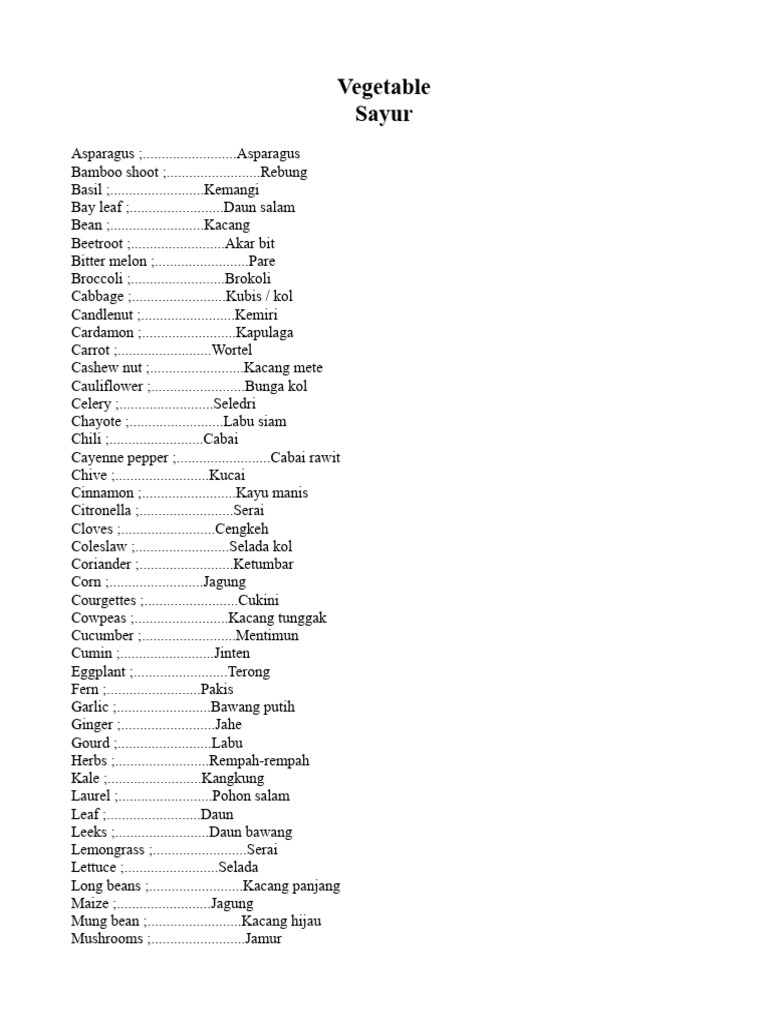 English-Indonesian Vegetable Glossary | PDF | Vegetables | Shallot