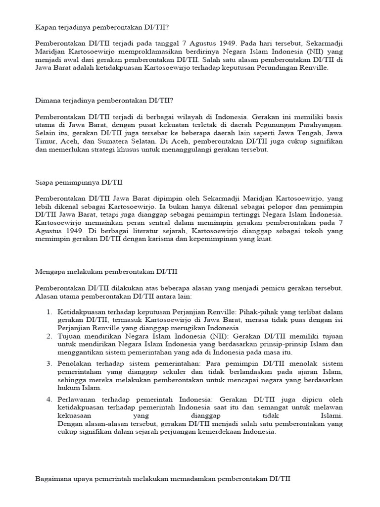 Pemberontakan DI/TII: Sejarah dan Dampak | PDF