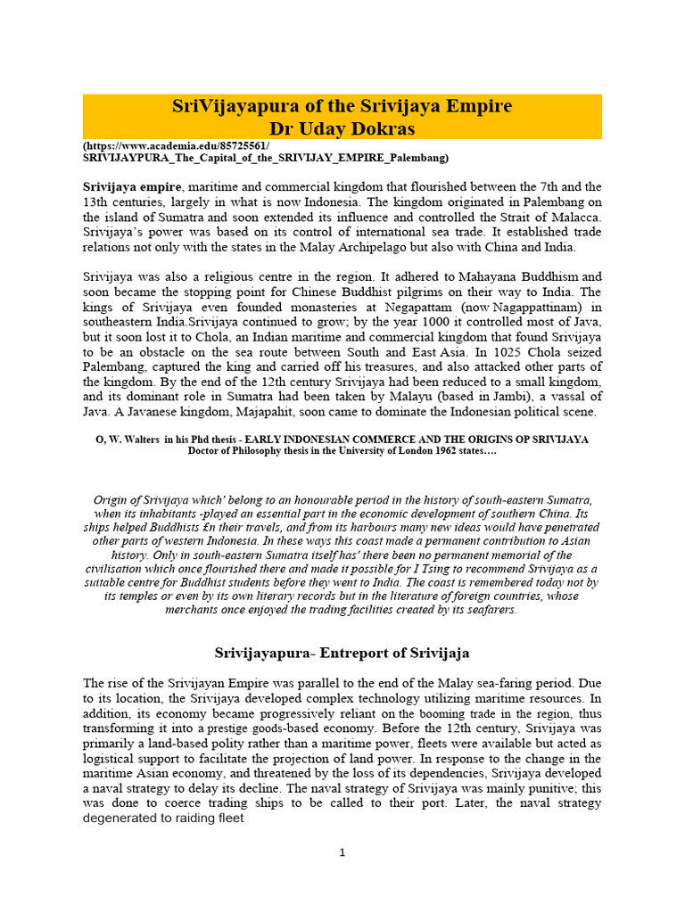 SriVijayapura of The Srivijaya Empire Srivijay Series | PDF | Social ...
