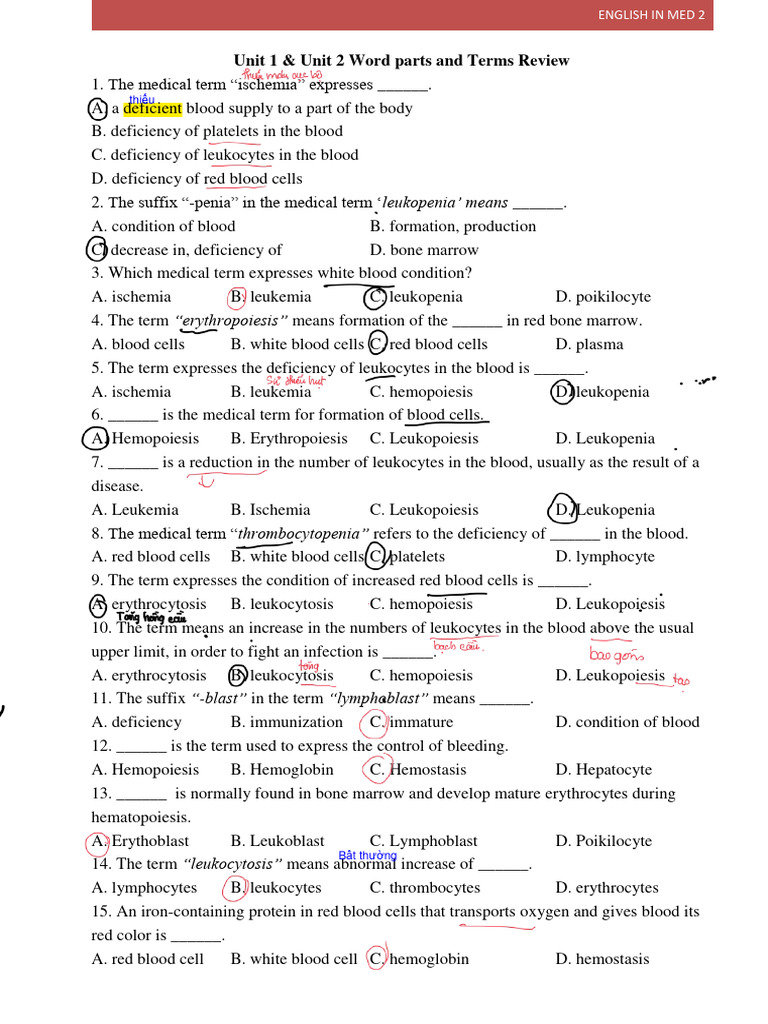 Review Word Parts and Terms Unit1&U2 | PDF | Blood Cell | White Blood Cell