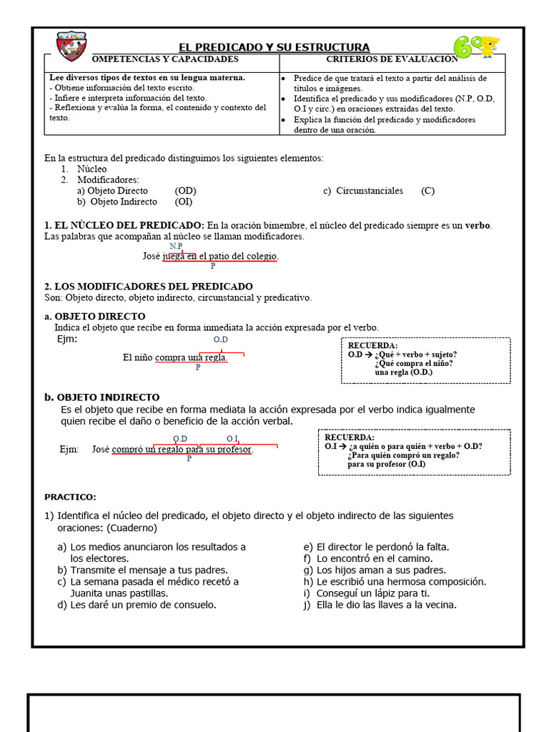 FICHA - El Predicado | PDF | Predicado (Gramática) | Verbo