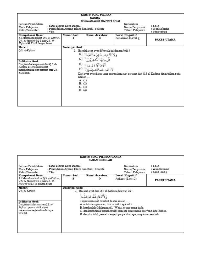 Kartu Soal Pas Genap Pai SD 2022-2023 | PDF