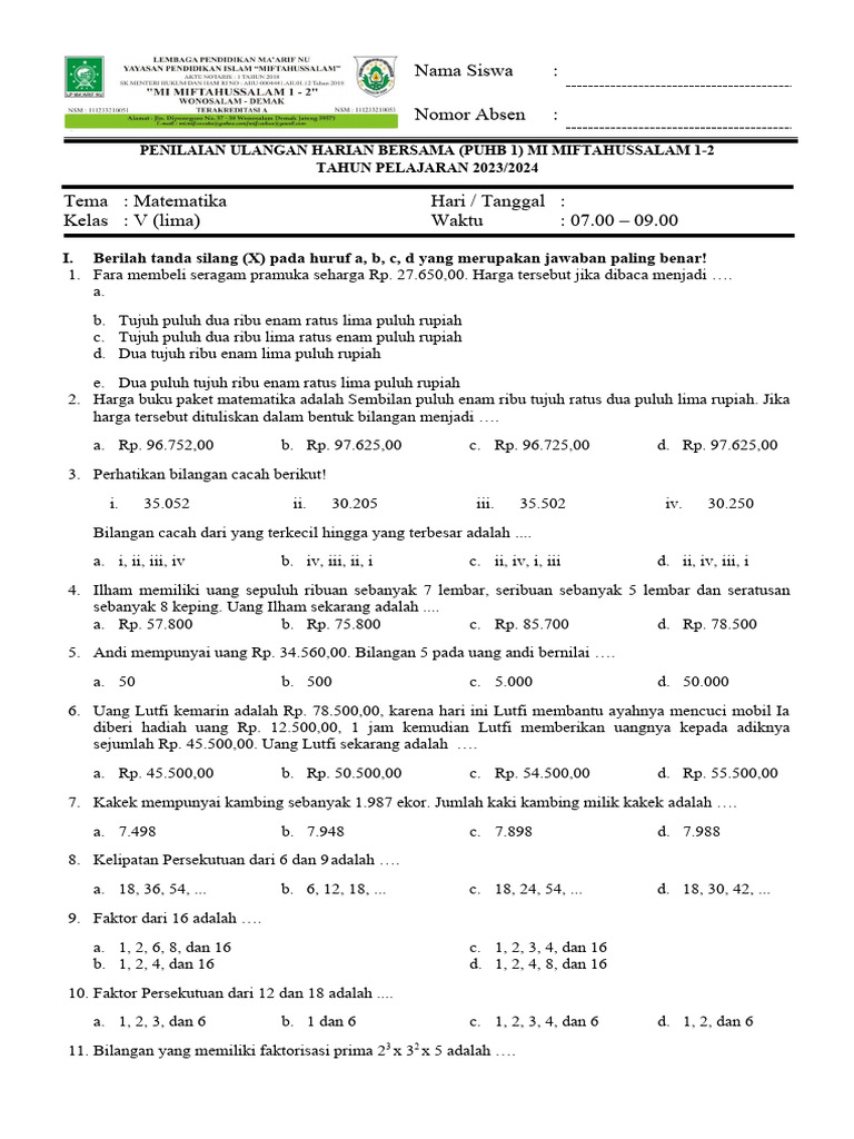 PUHB 1 Matematika Kelas 5 | PDF | Metode & Bahan Ajar | Griya & Taman