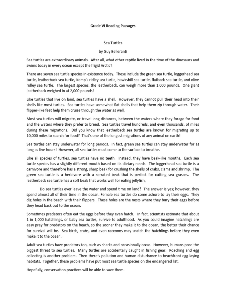 Grade VI Reading Passages New | PDF | Sea Turtle | Turtle