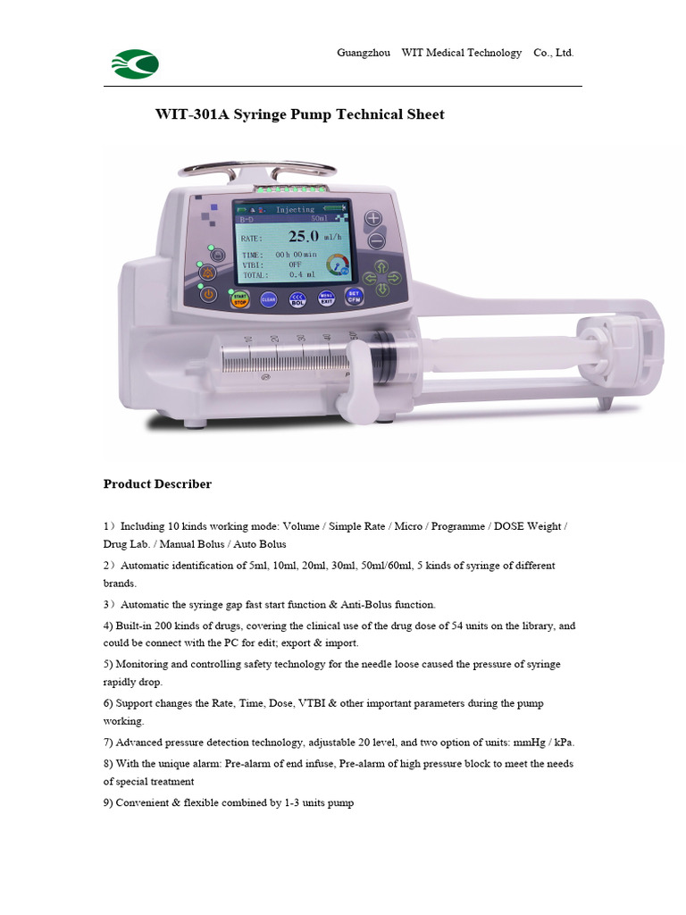 Technical Sheet of WIT-301A, 2021 | PDF | Syringe