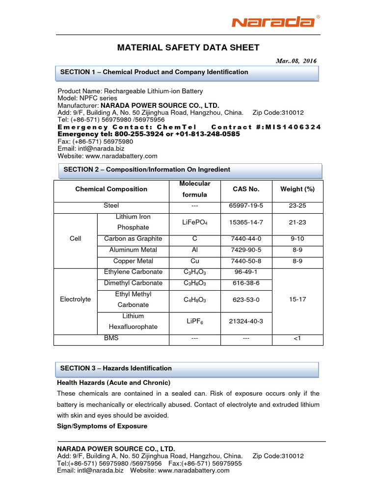 Narada HELiION NPFC 48V LFP Batteries DataSheet | PDF | Chemical ...