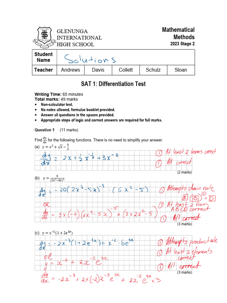 SAT 1 Differential Calculus MME 2023 Mark Scheme | PDF | Tangent | Slope