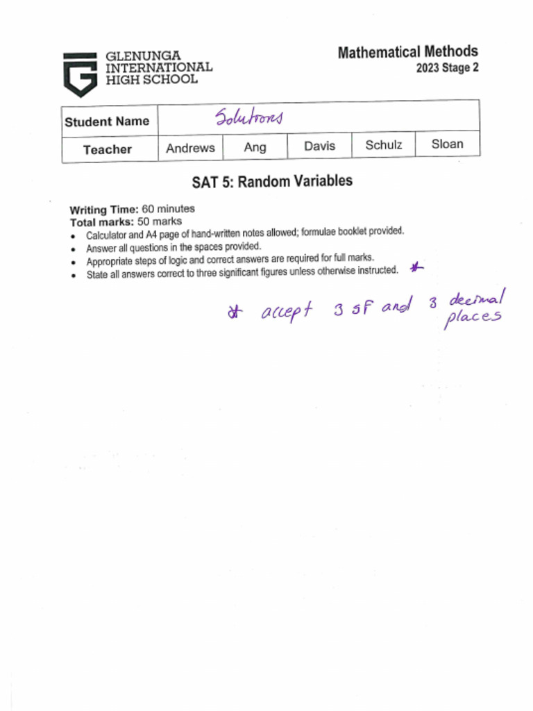 SAT 5 Random Variables 2023 v1 Solutions | PDF