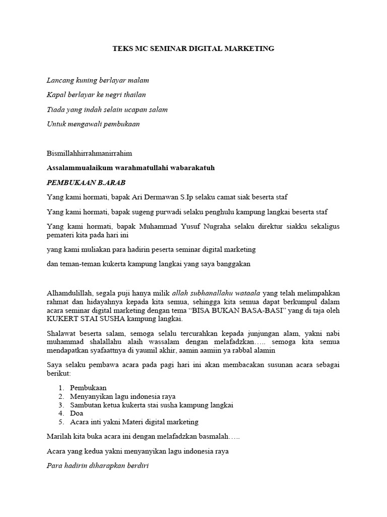 Teks MC Seminar Digital Marketing | PDF