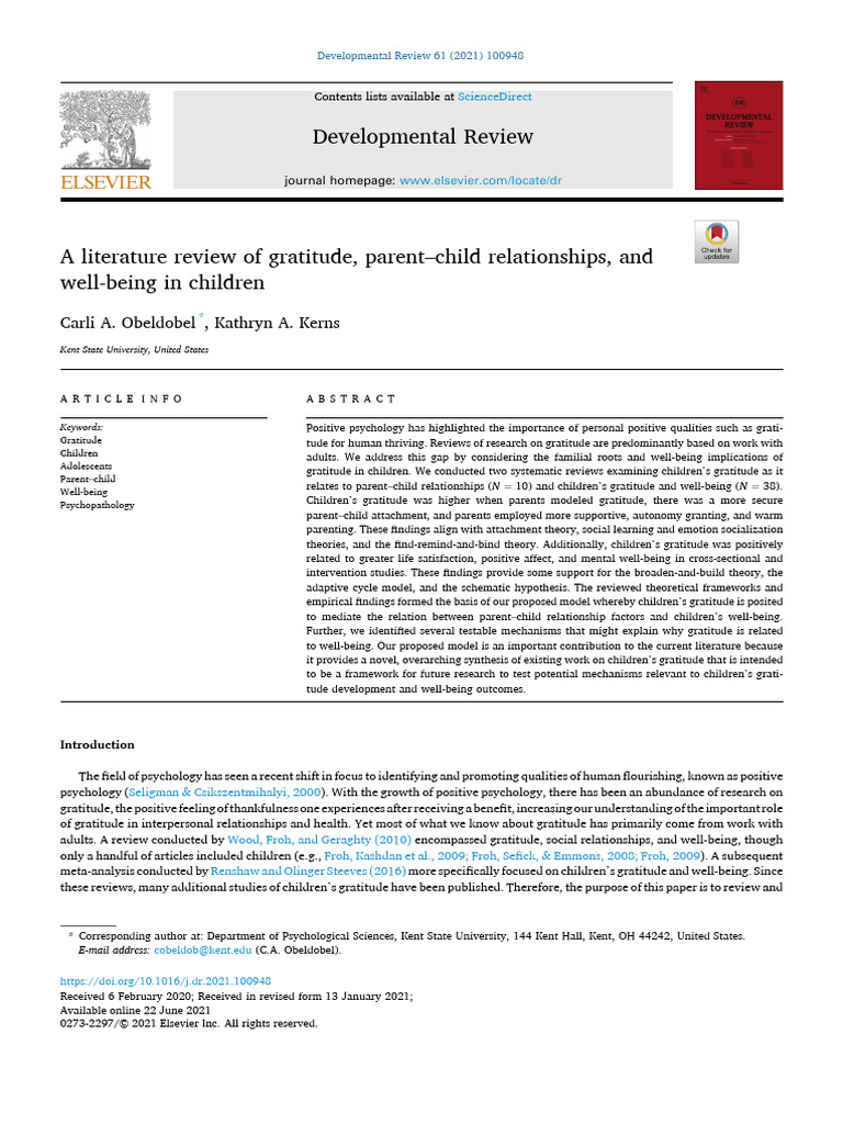 A Literature Review of Gratitude, Parent-Child Relationships, and Well ...