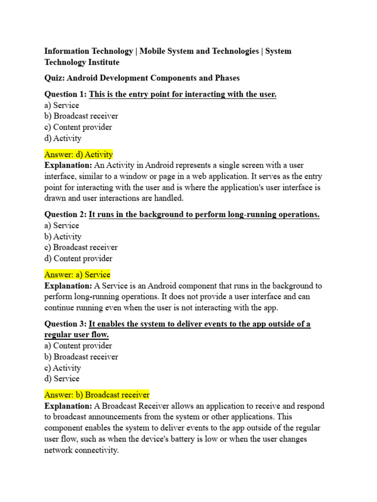 Quiz Android Development Components and Phases | PDF | Mobile App ...