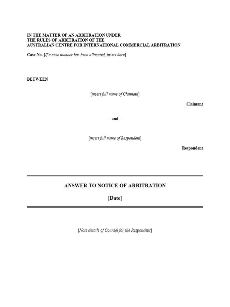 Sample ACICA Answer To Notice of Arbitration 1 | PDF | Arbitral ...