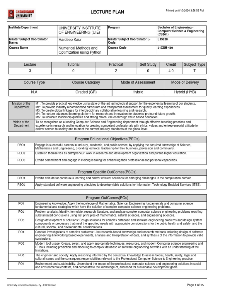 LecturePlan CS201 21CSH-459 | PDF | Engineering | Science
