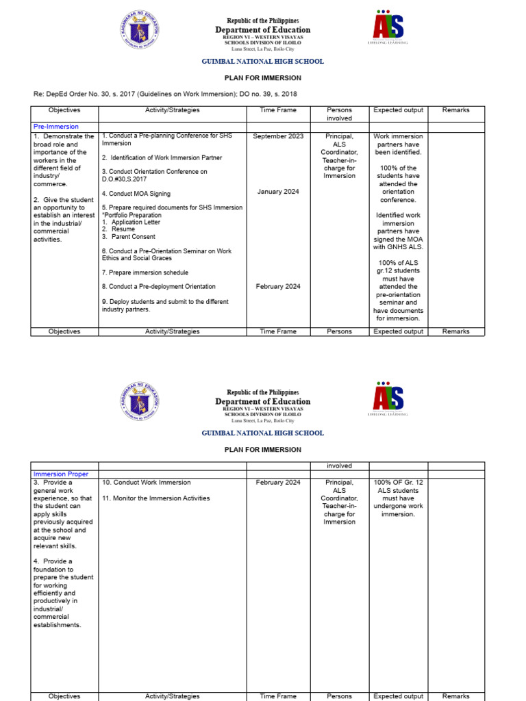 Plan For Immersion 2023-24 | PDF
