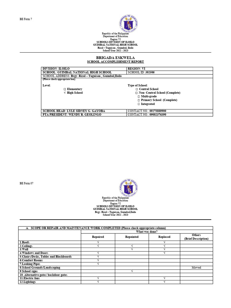 BE Form 7 BRIGADA Guimbal NHS | PDF