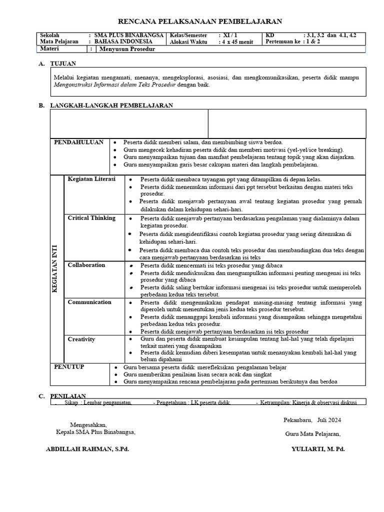 06-rpp-1-lembar-bahasa-indonesia-kelas-11-kd-01-02 | PDF