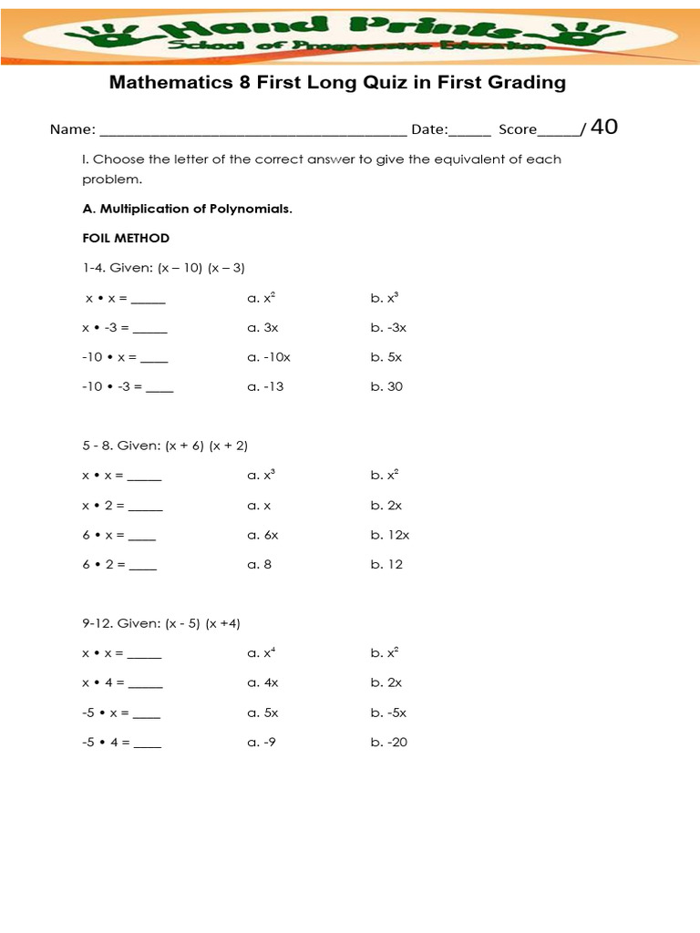 Mathematics 8 First Long Quiz in First Grading | PDF | Algorithms ...