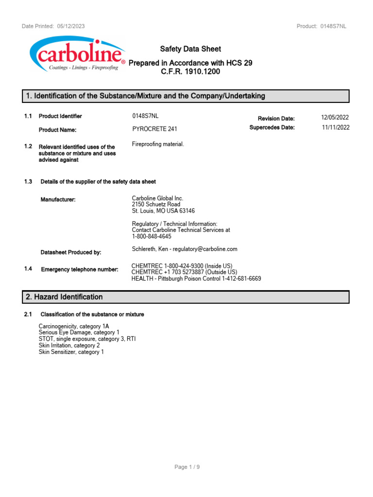 Pyrocrete - 241 - SDS | PDF | Safety | Occupational Safety And Health