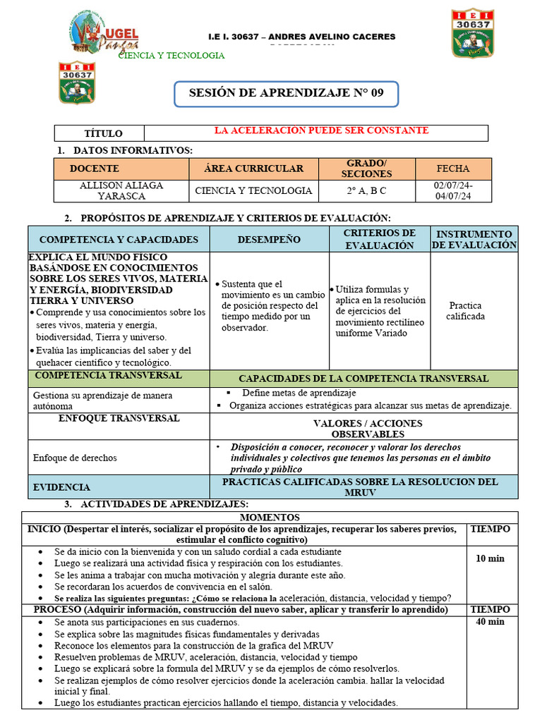 Sesión de Aprendizaje - N 09 Unidad 3 | PDF | Aprendizaje | Evaluación