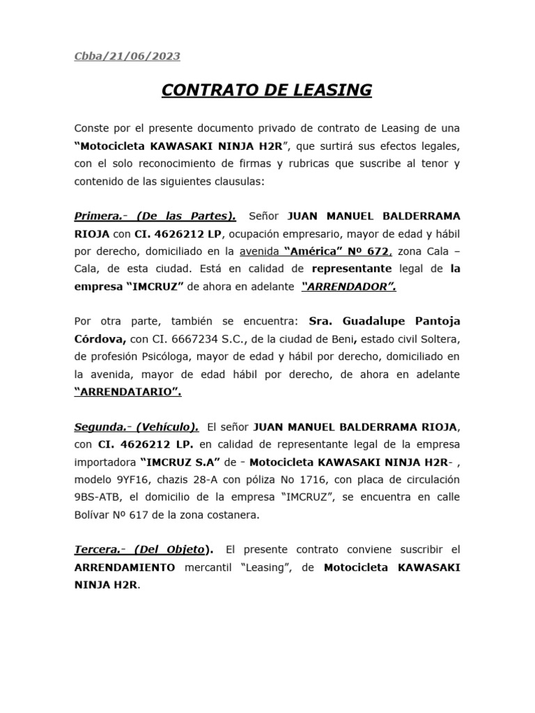 Contrato de Leasing Kawasaki Ninja H2R | PDF