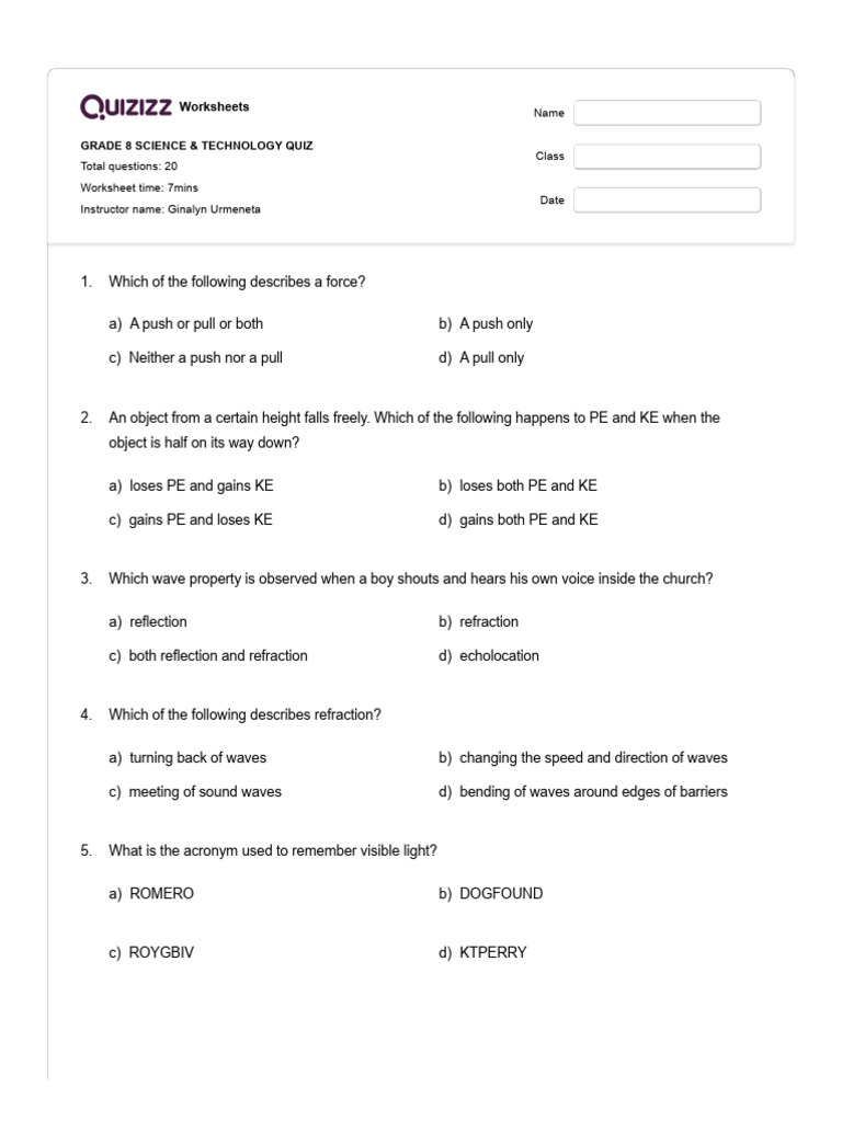 Grade 8 Science & Technology Quiz - Quizizz | PDF | Meteoroid | Earth