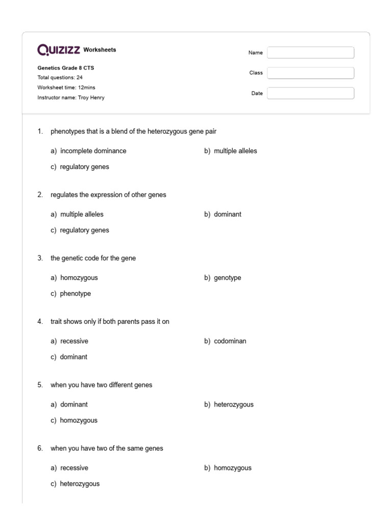 Grade 8 Genetics Worksheet | PDF | Dominance (Genetics) | Zygosity