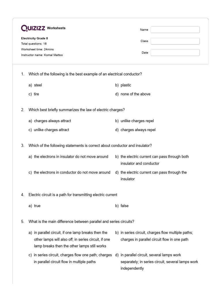 Electricity Grade 8 - Quizizz 2 | PDF | Electric Current | Electricity