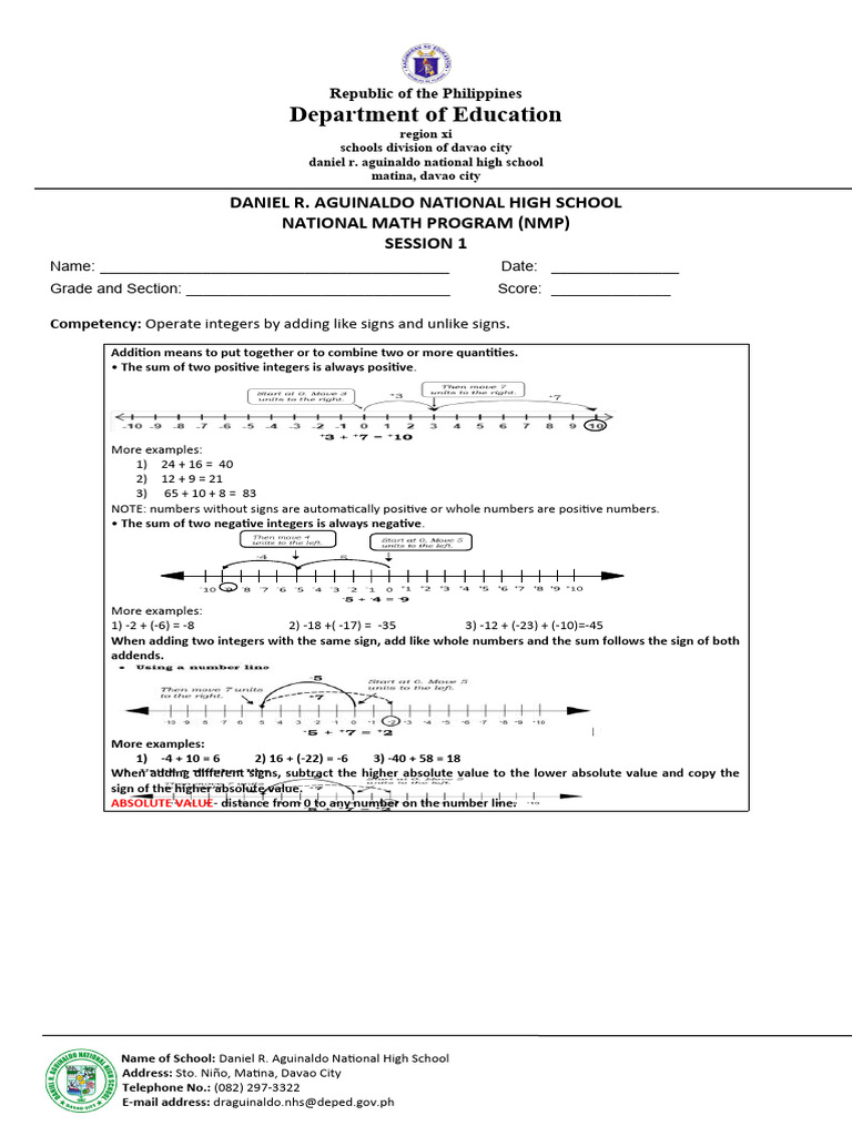 NMP Session 1 Addition of Integers | PDF | Integer | Discrete Mathematics