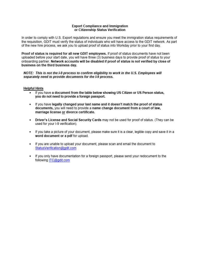 Export Compliance and Immigration Citizenship Status Verification | PDF ...