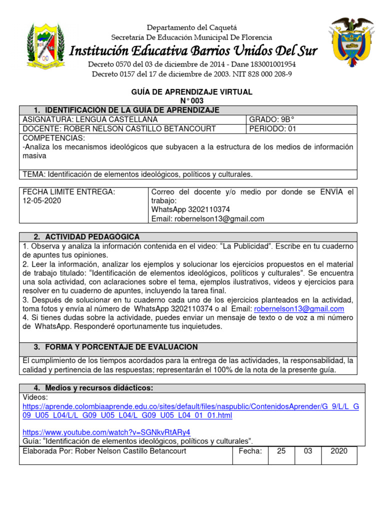 Guia Aprendizaje Virtual 003 Lengua Castellana Grado 9b | PDF | Propaganda | Publicidad