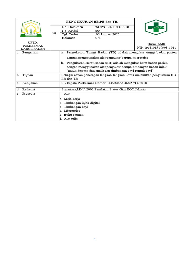 Sop Pengukuran TB, PB, BB | PDF | Pengembangan Diri | Kesehatan Holistik