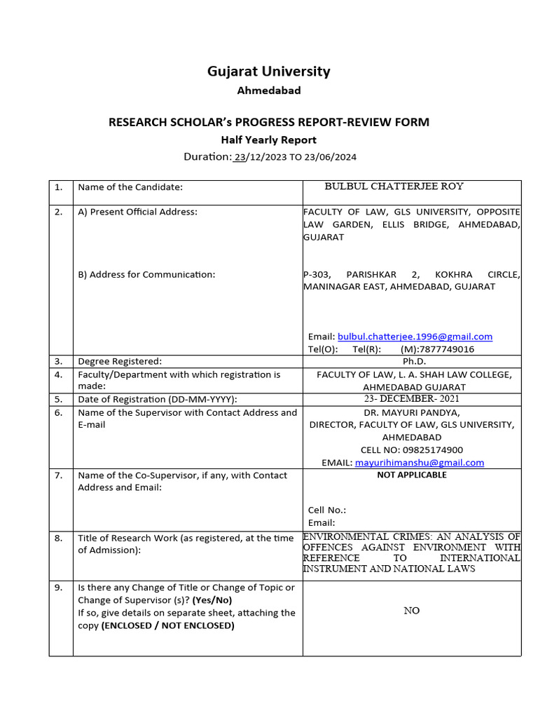 Research Scholar Progress Report JUNE 2024 | PDF
