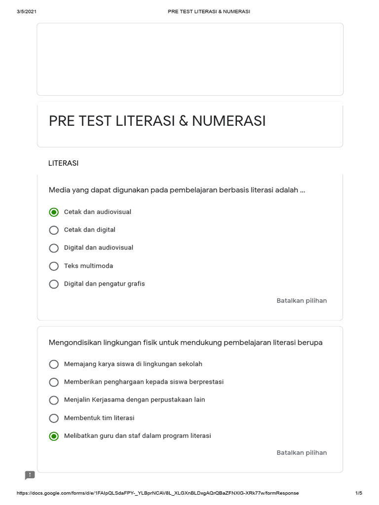 Pre Test Literasi & Numerasi 1 | PDF | Karier & Perkembangan | Seni