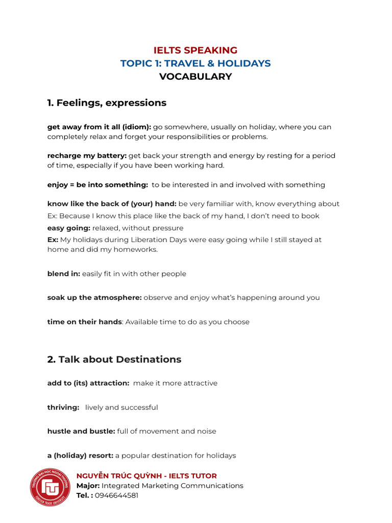 (Ielts - Speaking) Vocabulary - Topic 1 - Travel With Key | PDF | Tourism
