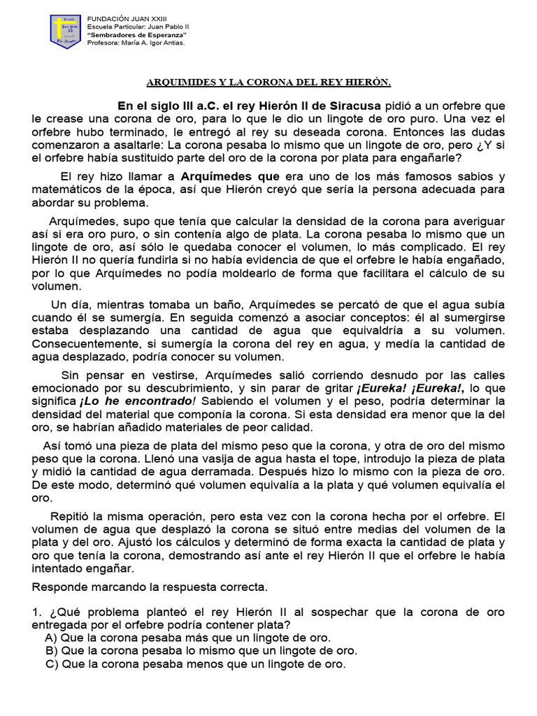 Arquímedes y la Corona de Hierón II | PDF | Densidad | Volumen