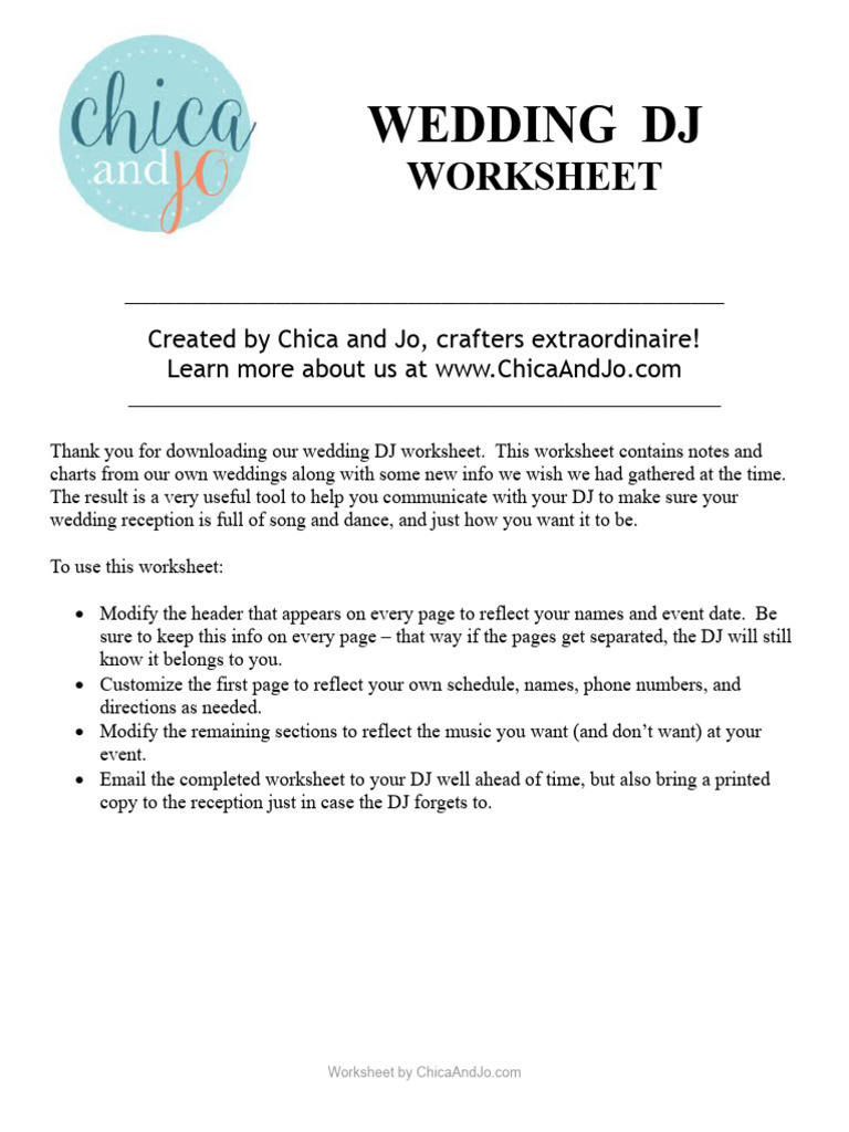 Wedding DJ Worksheet by Chica and Jo | PDF | Wedding | Bride
